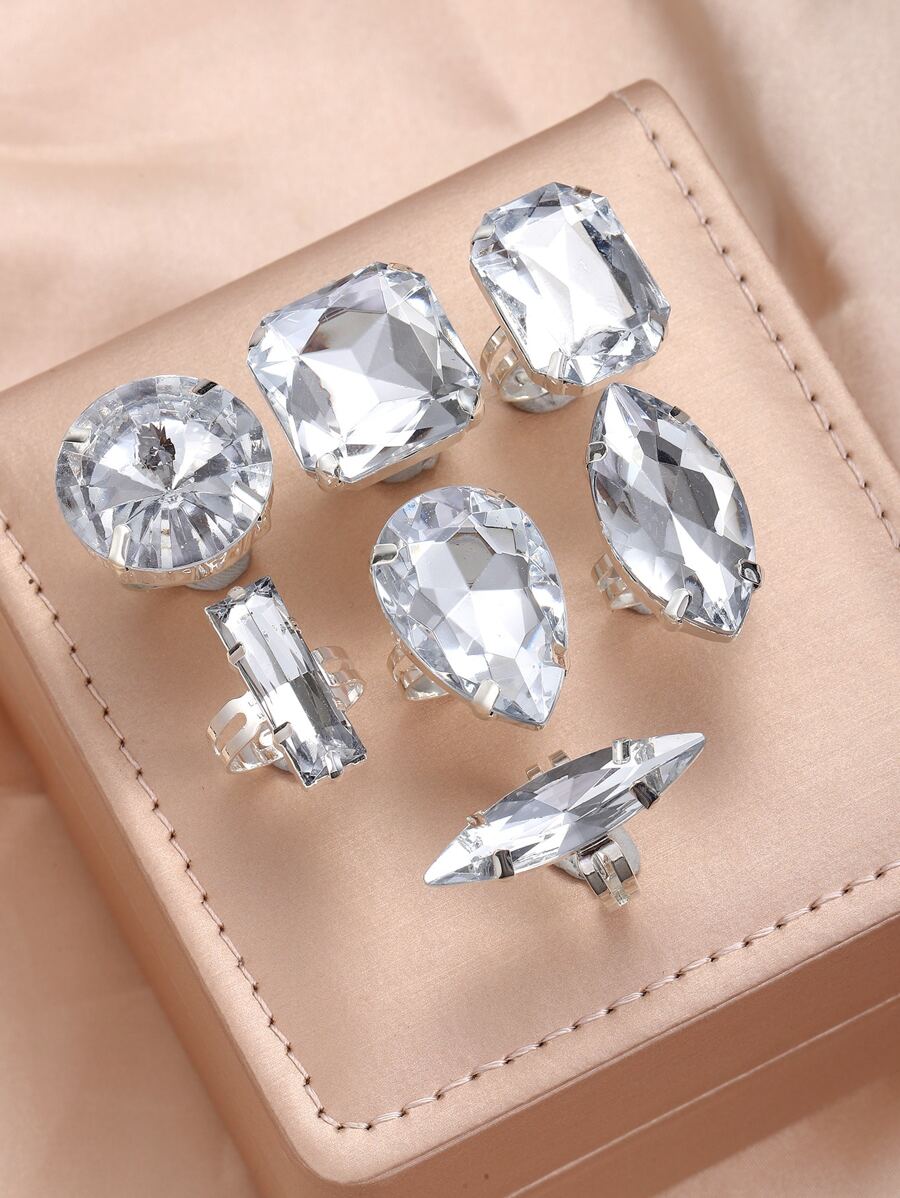 7PCS /Set Rhinestone Acrylic Large Round Square Stone Open Finger Rings Jewelry for Women ...