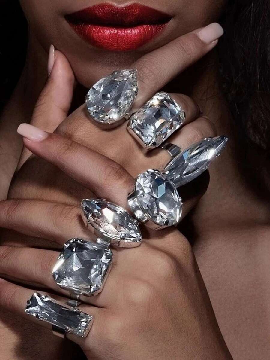 7PCS /Set Rhinestone Acrylic Large Round Square Stone Open Finger Rings ...