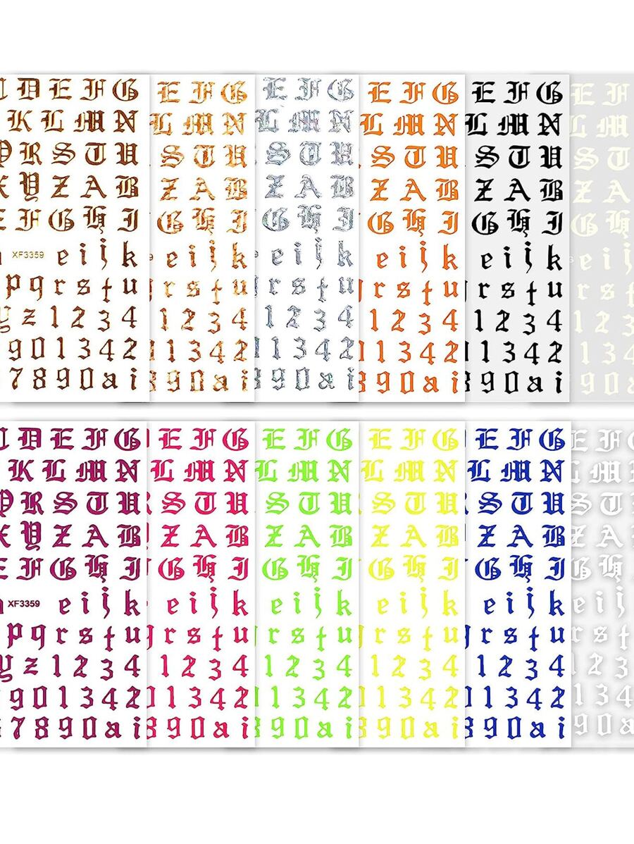 12Pcs/Set Nail Sticker Letter Number Nail Designs White Black Laser ...