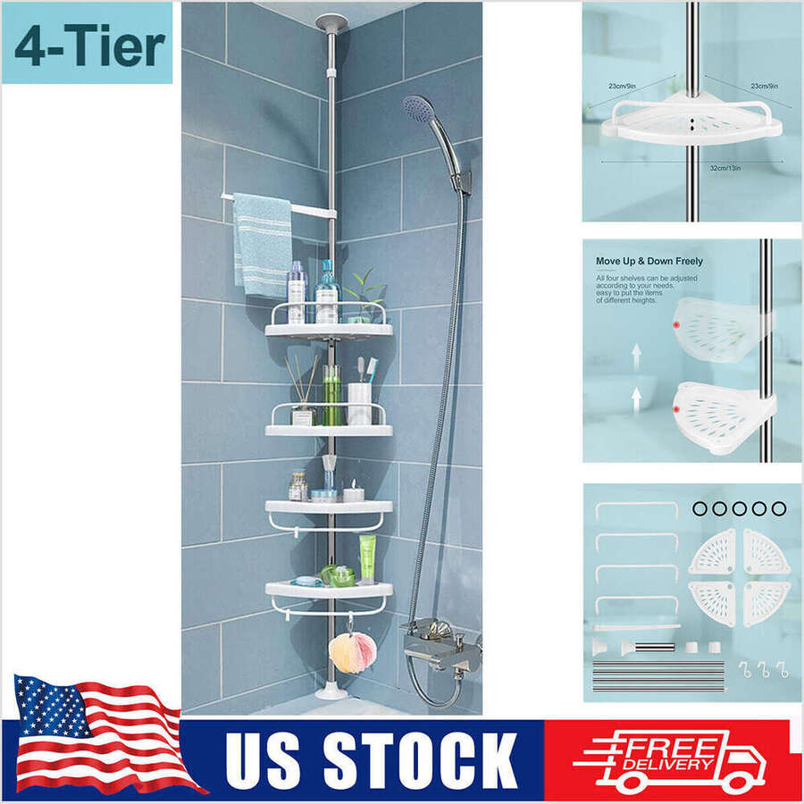 4 Tier Plastic Shower Corner Pole Caddy Bathroom Wall Shelf Storage ...
