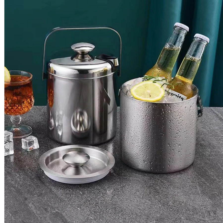Stainless Steel Portable Ice Bucket With Lid, Double-Layered Ice Cube ...