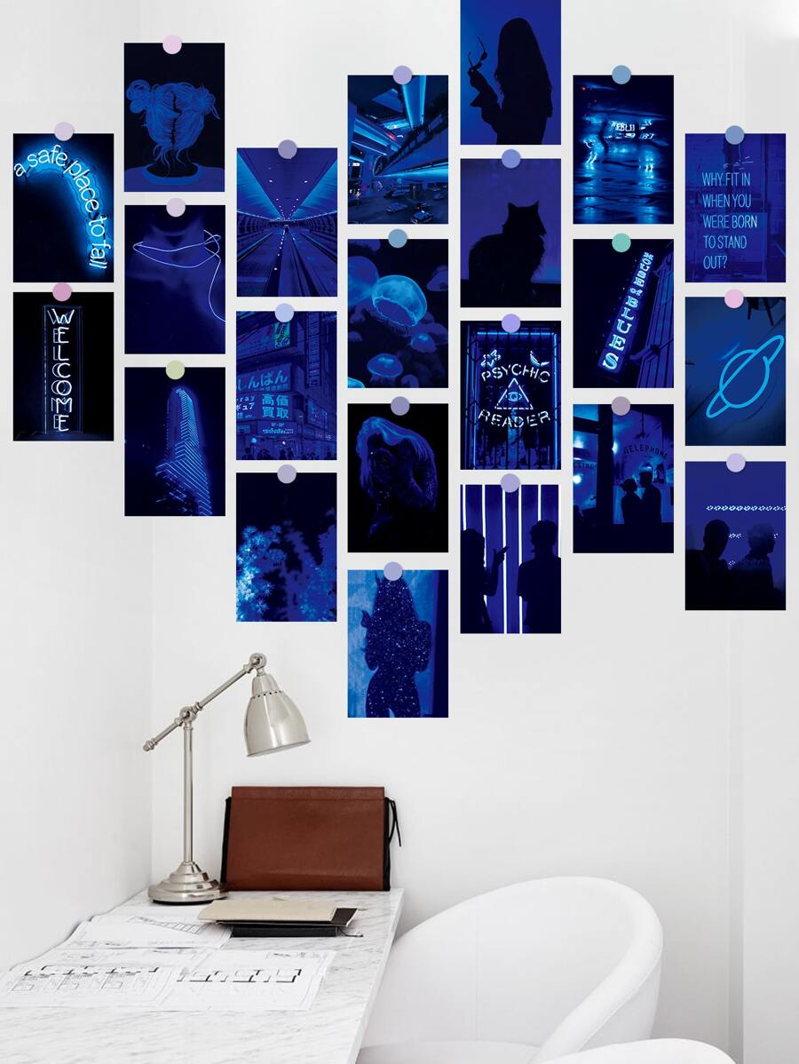 50pcs Neon Photo Wall Collage Kit Aesthetic Pictures, Blue Aesthetic ...