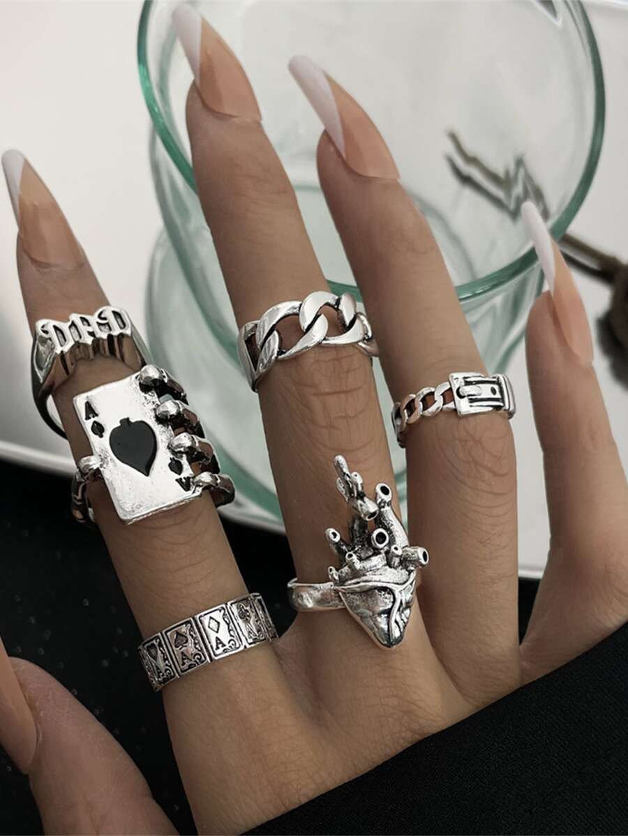 6pcs Gothic Style Black Spade A Dripping Oil Ring, Poker & Dad Letter ...