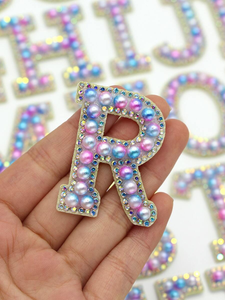 pink blue 26 English Letters Pearl Rhinestone Patches For Clothes A-Z ...