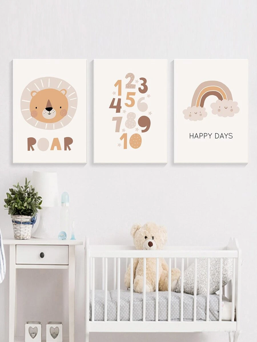 Boho Style Hand-drawn Posters Set Of 3: Numbers, Bear, Rainbow | SHEIN USA
