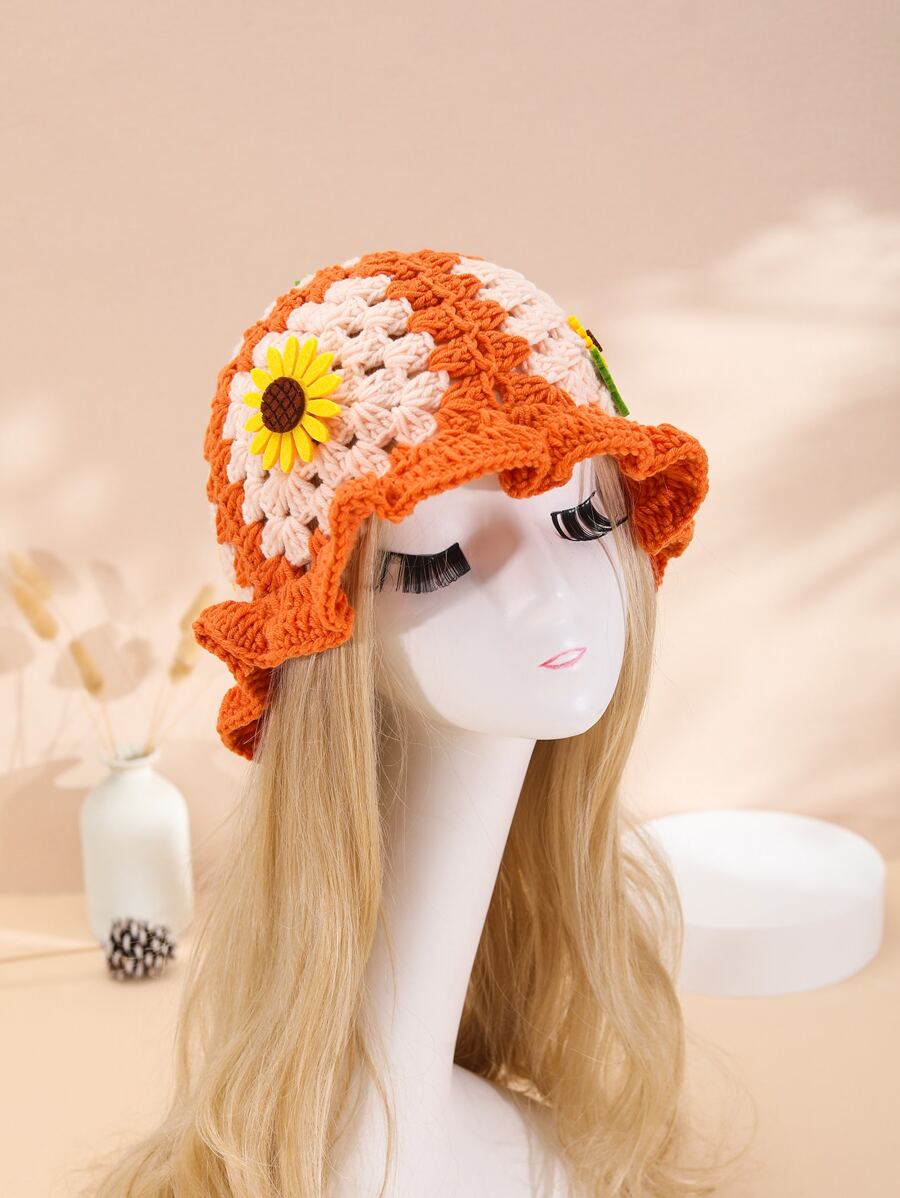 1pc Women's Handmade Crochet Sunflower Decor Colorblock Bucket Hat ...