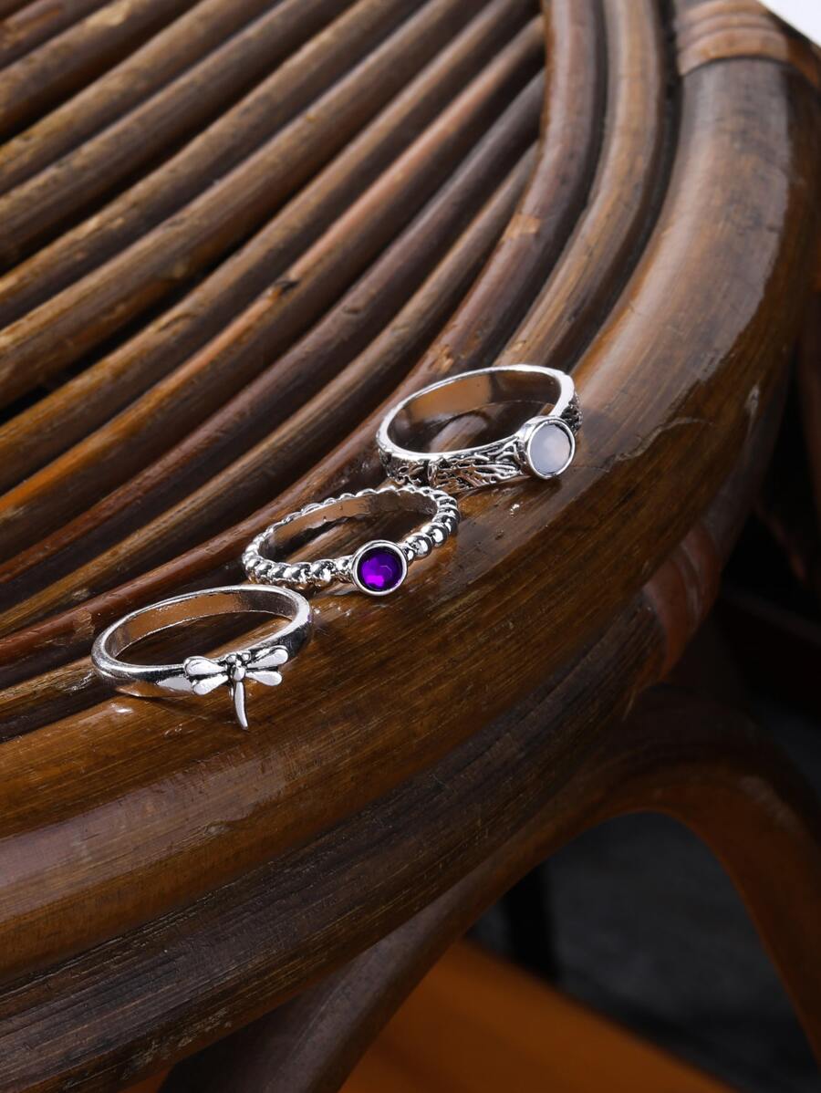 3pcs Vintage & Fashionable Dragonfly Shaped Rhinestone Ring | SHEIN USA