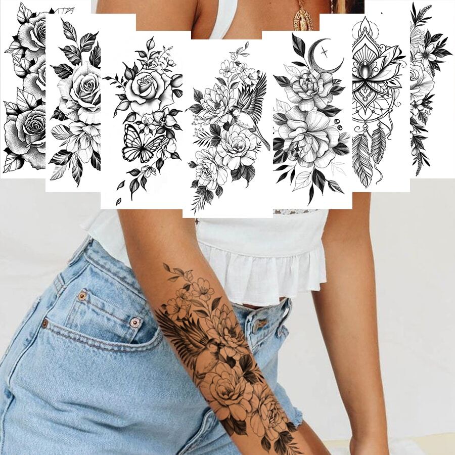 7 Black Flower Tattoos, Arm Body Temporary Tattoos For Women And Girls ...