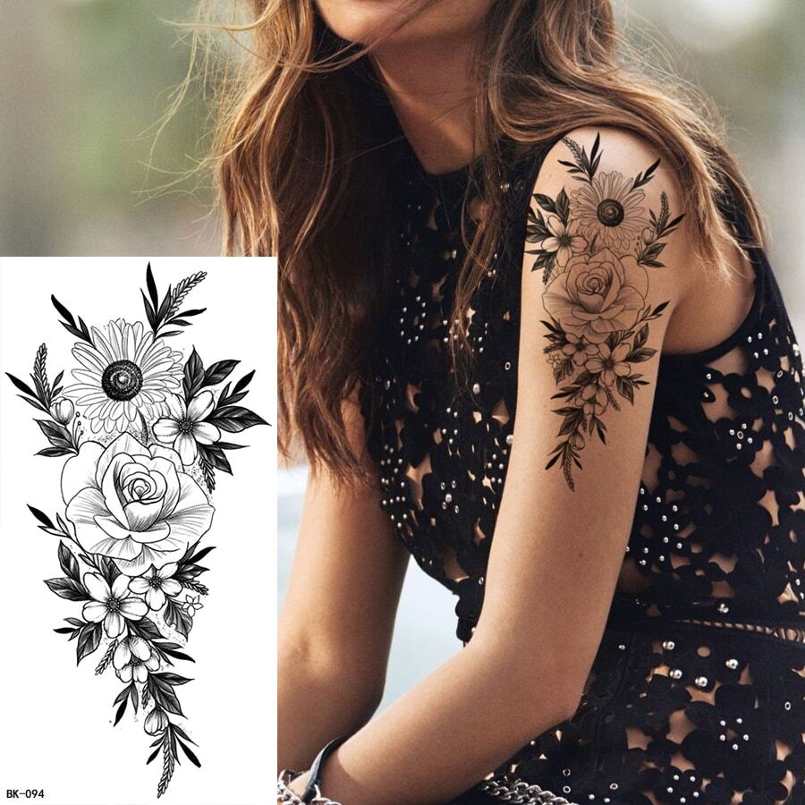 7 Black Flower Tattoos, Arm Body Temporary Tattoos For Women And Girls ...