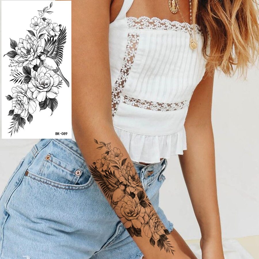 7 Black Flower Tattoos, Arm Body Temporary Tattoos For Women And Girls ...