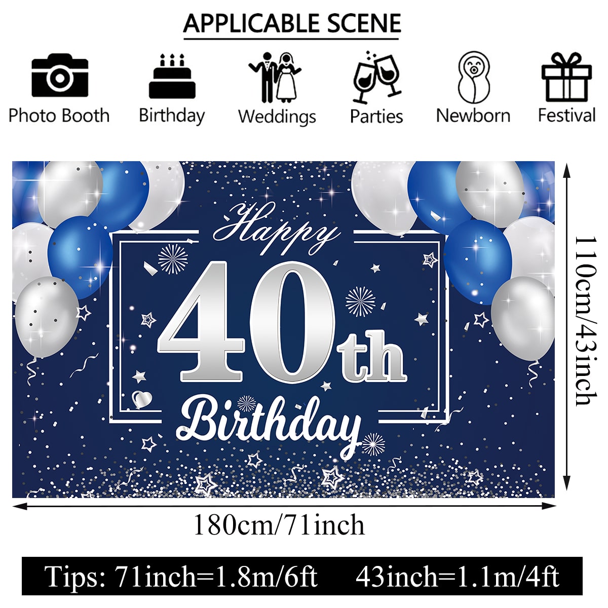 6x4ft Happy 40th Birthday Decorations 40th Blue Silver Color Balloon ...