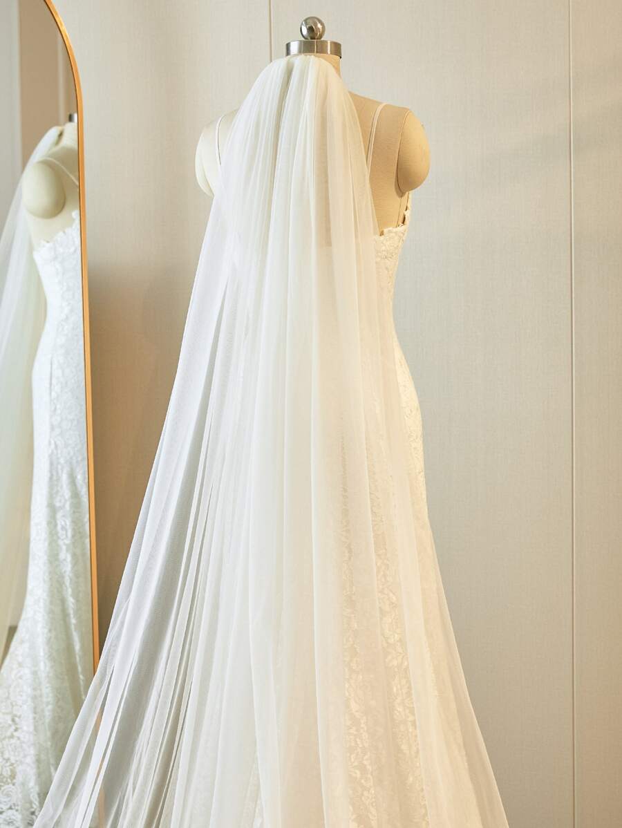1pc Simple Ivory Wedding Dress With Long Train & Bridal Veil | SHEIN USA