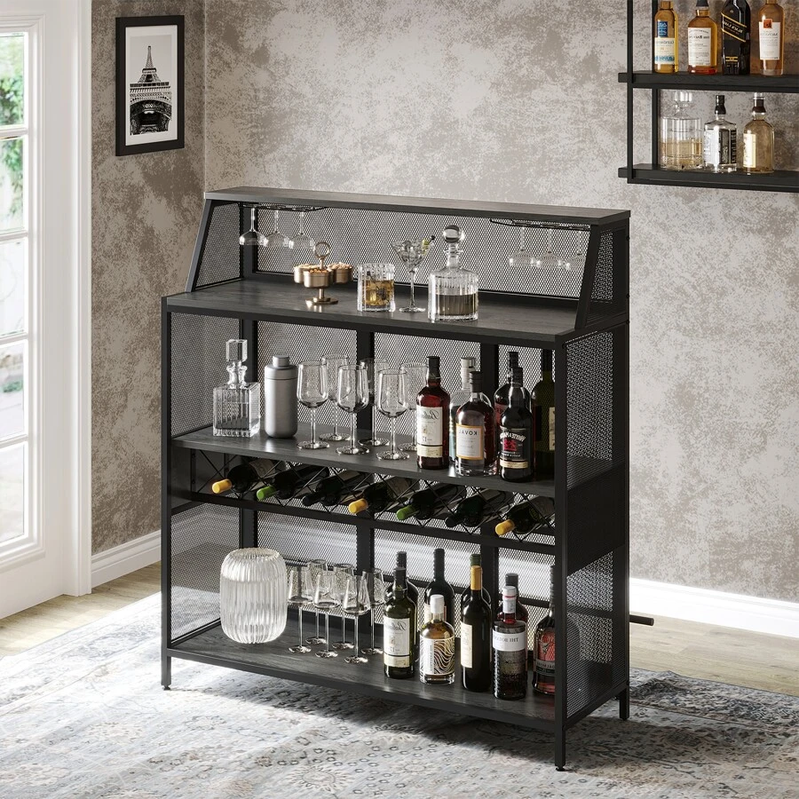 Vrullu Home Bar, 4 Tier Industrial 51in Bar Cabinet, Farmhouse Liquor ...