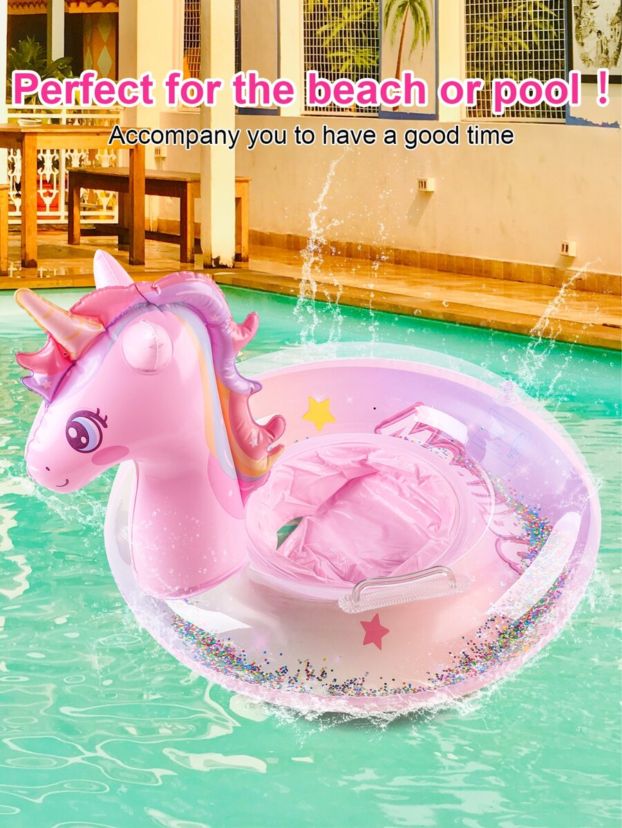 1pc Thickened Inflatable Rainbow Unicorn Shaped Swim Ring With Glitters ...