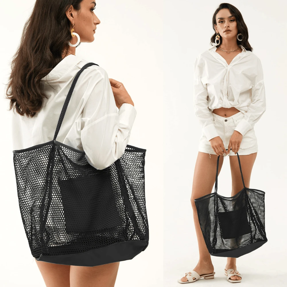 Black Mesh Beach Bag, Can Be Carried By Hand Or Shoulder | SHEIN UK