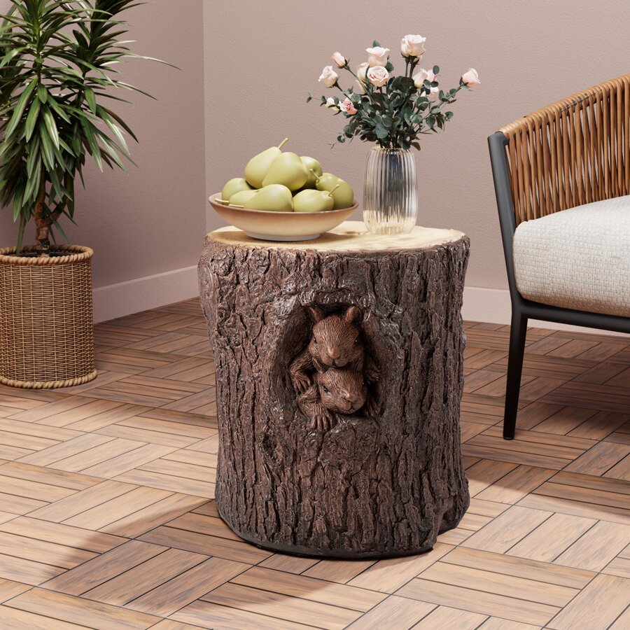 COSIEST Outdoor Side Table Faux Wood, Hand-Painted Wood Stump Stool w ...