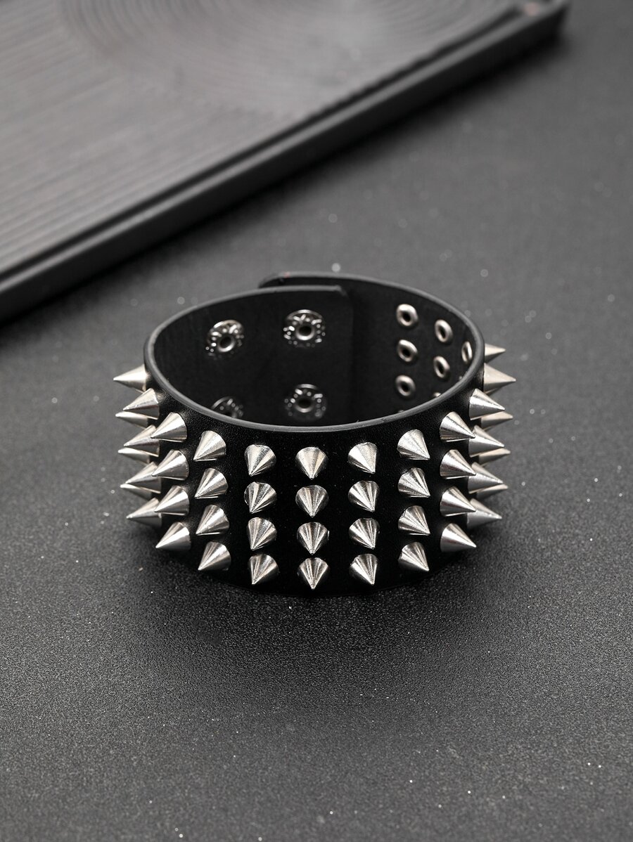 1pc Punk Rock Metal Four Rowed Studs Buckle Pu Leather Bracelet For Men, Street Style Hip Hop ...