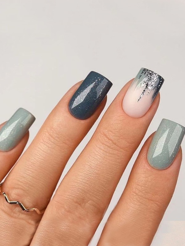 Upgrade Your Look With 24pcs Trendy Tri-toned Blue Medium Square Press ...