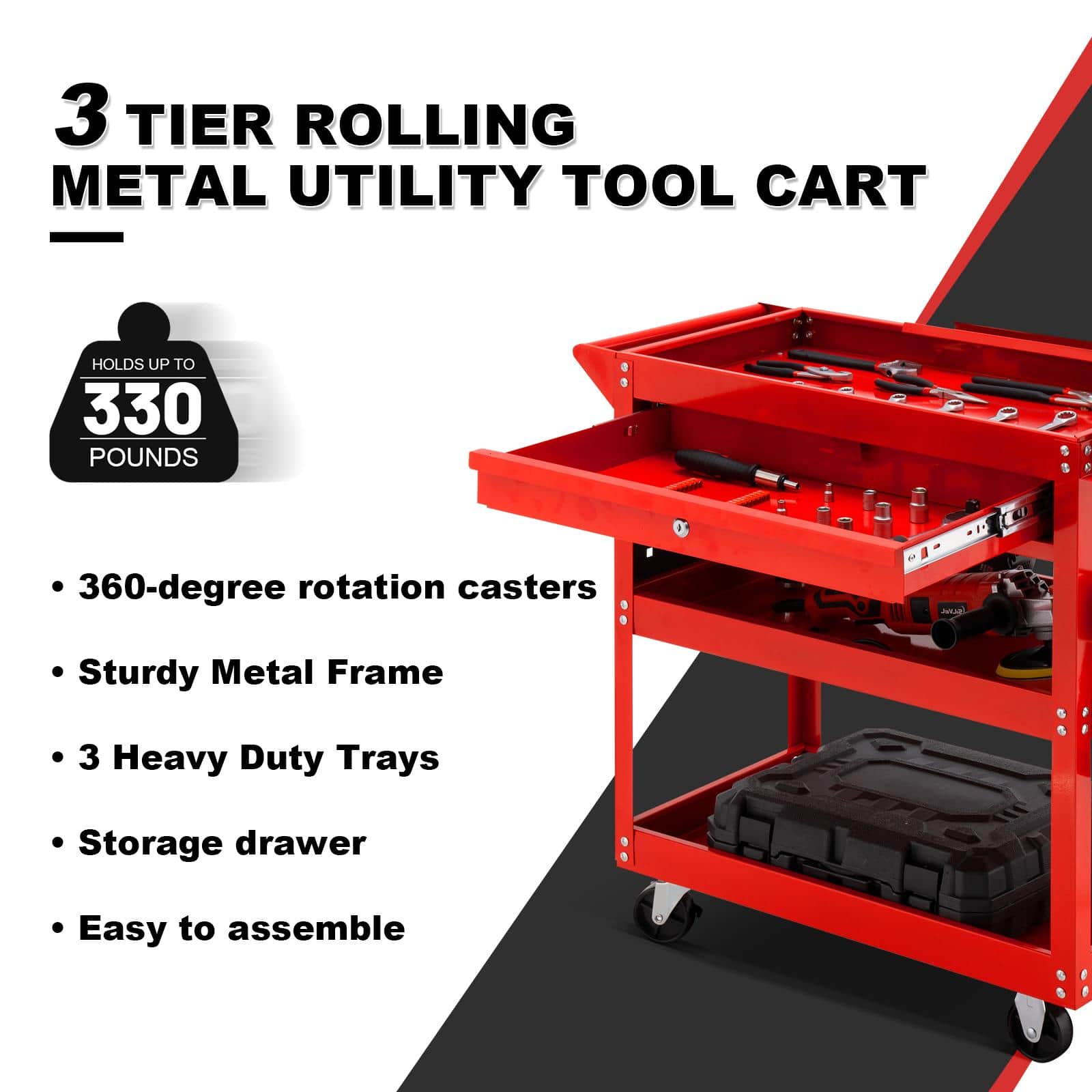 SILVEL 3 Tier Rolling Tool Cart, 330 LBS Capacity Heavy Duty Utility Cart, Industrial Commercial ...