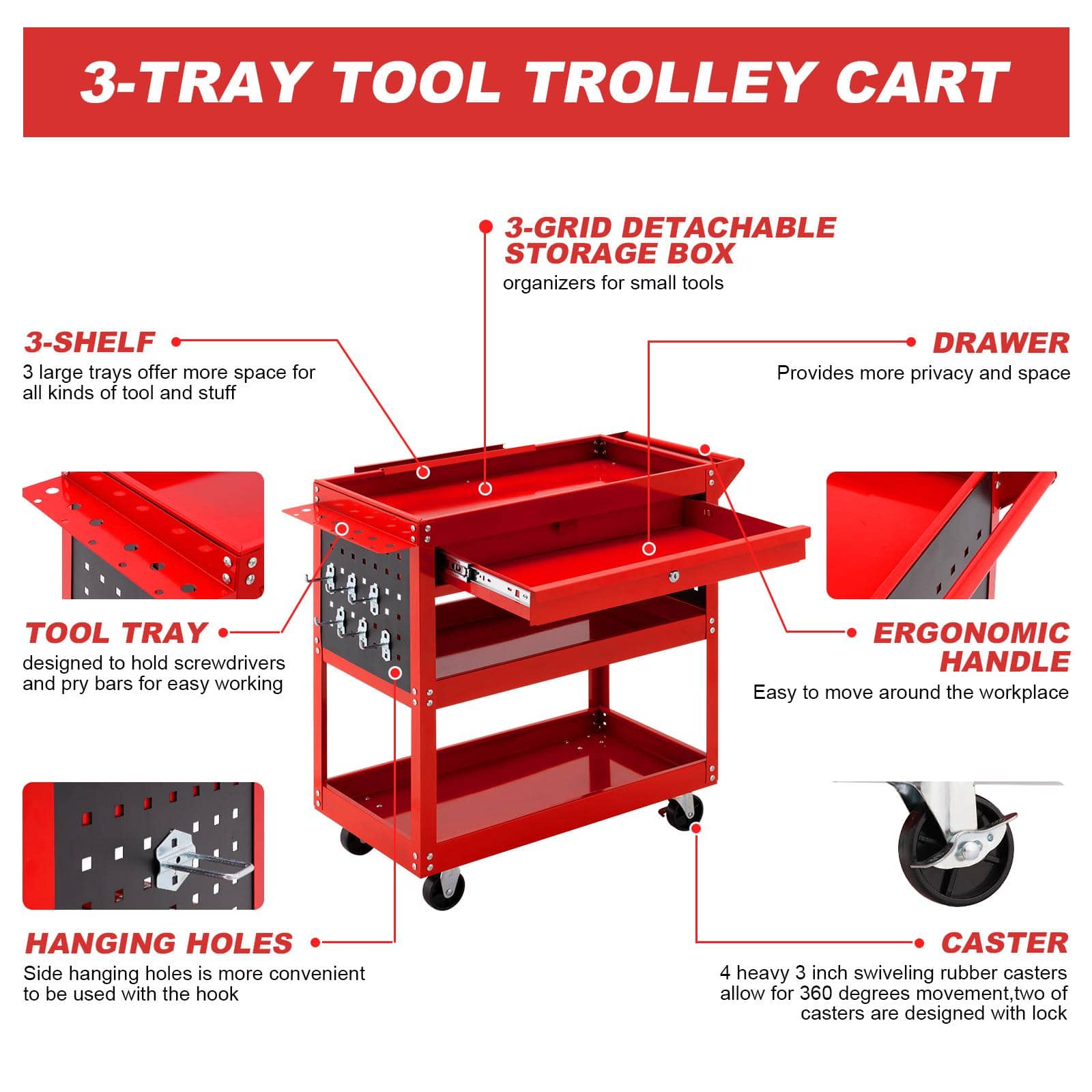 SILVEL 3 Tier Rolling Tool Cart, 330 LBS Capacity Heavy Duty Utility Cart, Industrial Commercial ...