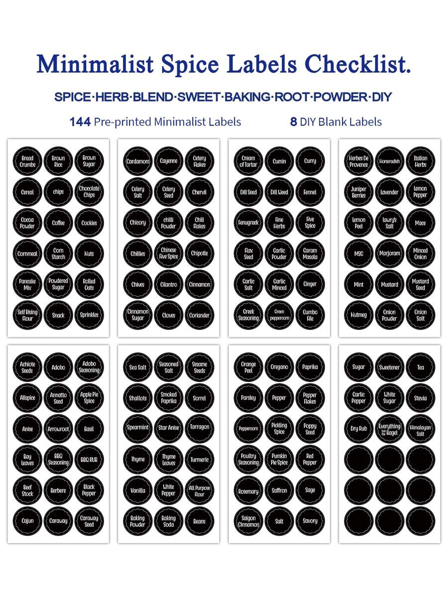 Set Of 144 Round Spice Jar Labels Preprinted 1.5 Inch, Water Resistant ...