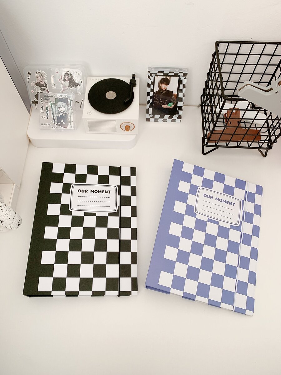 1pc A5 Black-and-white Checkered Pattern Paper Scrapbook With Elastic ...