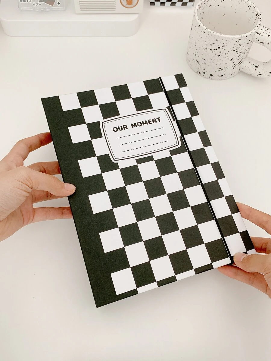 1pc A5 Black-and-white Checkered Pattern Paper Scrapbook With Elastic ...