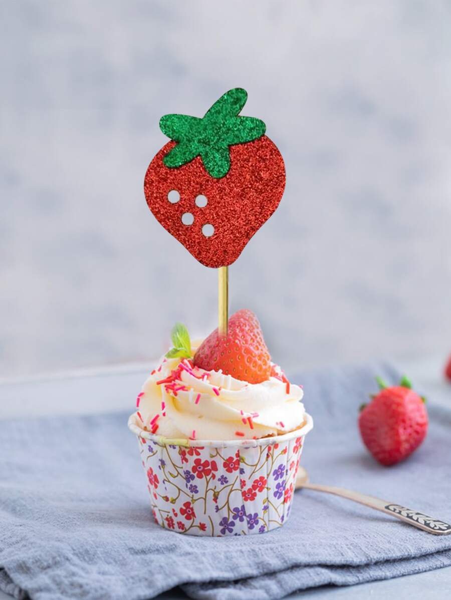 12pcs Fruit Strawberry Design Paper Cake Topper For Summer Theme Baby ...