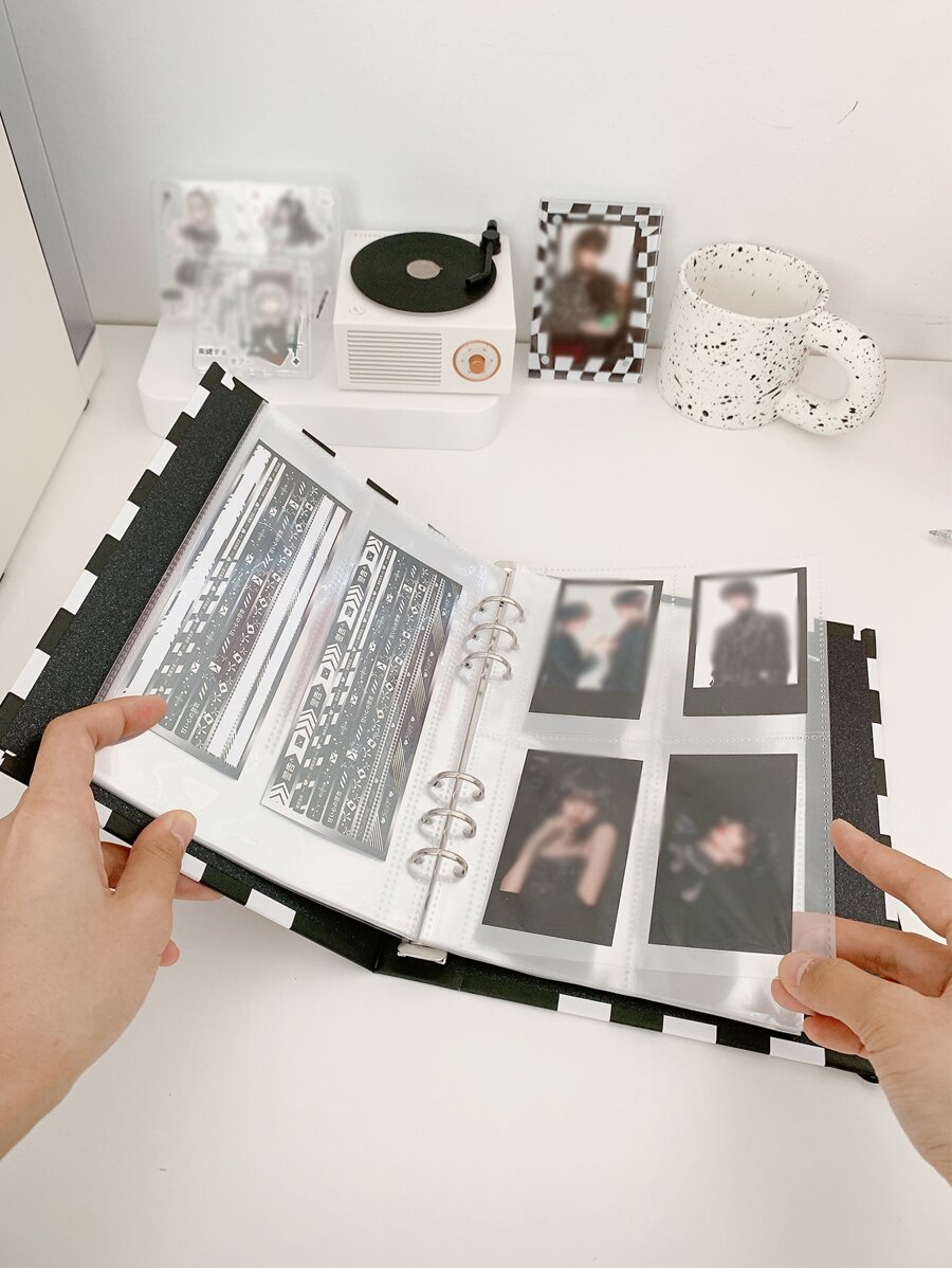 1pc A5 Black-and-white Checkered Pattern Paper Scrapbook With Elastic ...