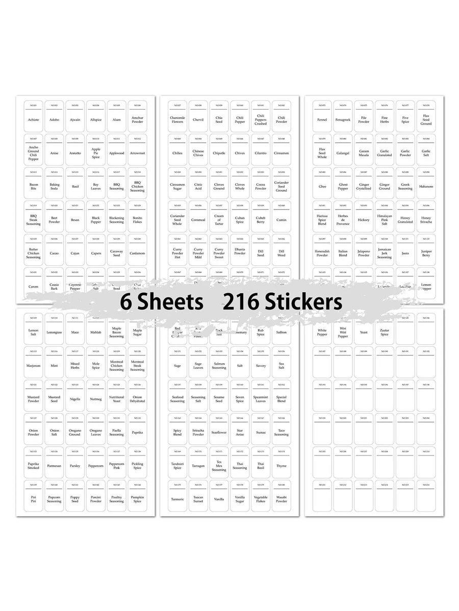 6 Sheets Of 216 Printed Round Spice Stickers Seasoning Bottle Jar ...