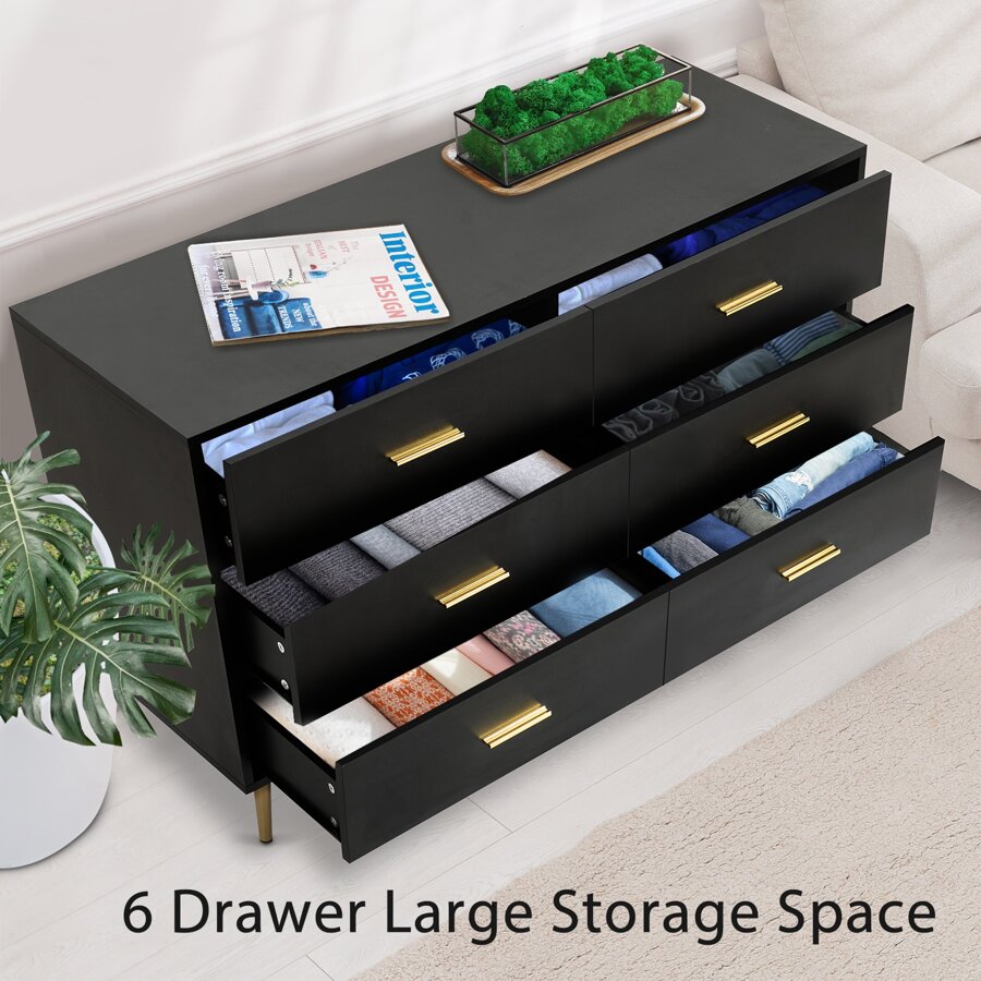 Vrullu Dresser for Bedroom with 6 Drawer, Wood Black Dressers & chests ...