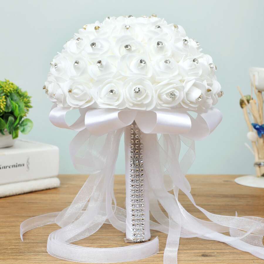 1pc Rhinestone Decor Bridal Bouquet With White Artificial Roses For ...