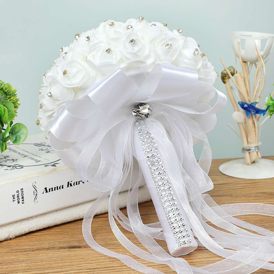 1pc Rhinestone Decor Bridal Bouquet With White Artificial Roses For ...