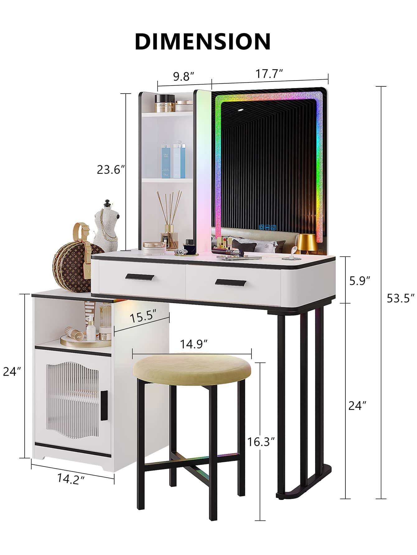 Kasibie RGB Vanity Table with USB&Type-C Ports,Vanity Desk with ...