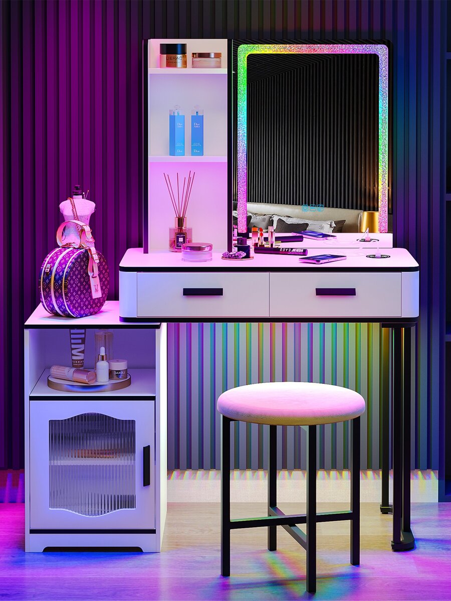 Kasibie RGB Vanity Table with USB&Type-C Ports,Vanity Desk with ...
