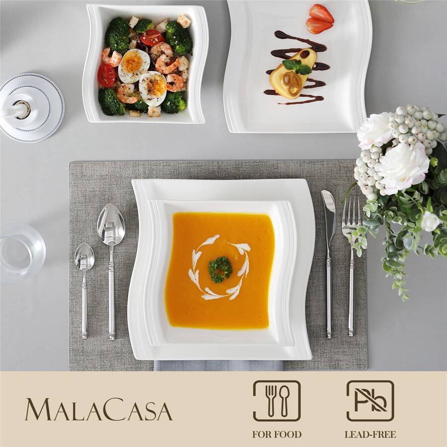 MALACASA Dish Set for 4, 16 Piece Ivory White Square Dinnerware Sets ...