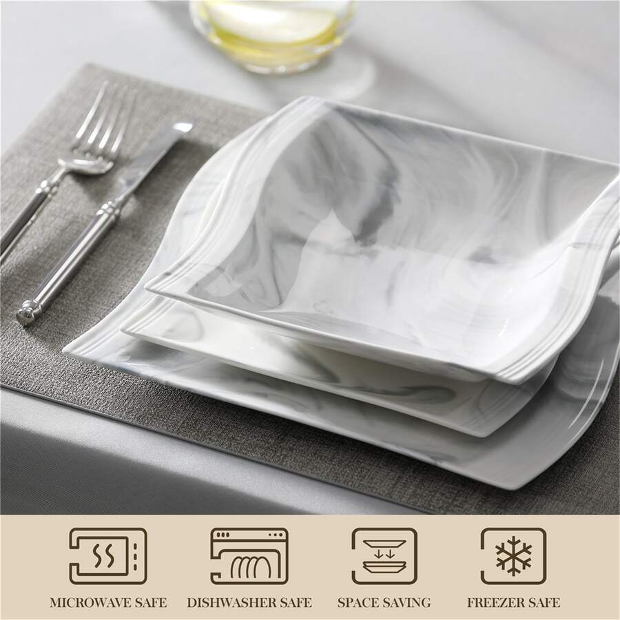 30 Piece Marble Grey Square Plates And Bowls Sets, Porcelain Dinner Set ...