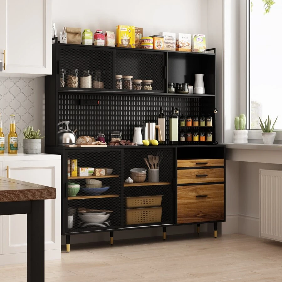 Freestanding Kitchen Pantry Storage Cabinet with Metal Pegboard ...