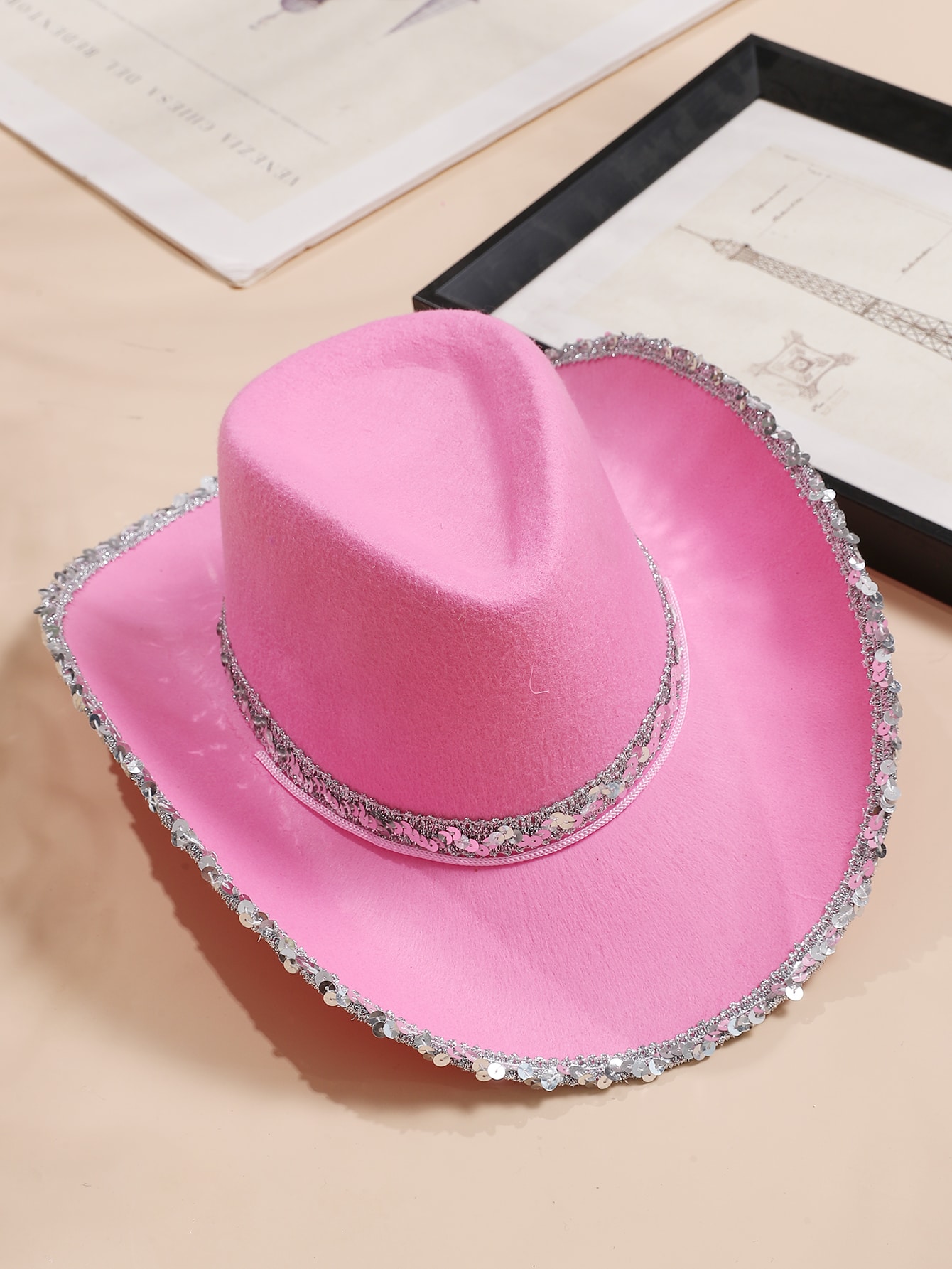 Unisex Ladies Western Cowboy Hat With Fluffy Trim & Decorative Band ...
