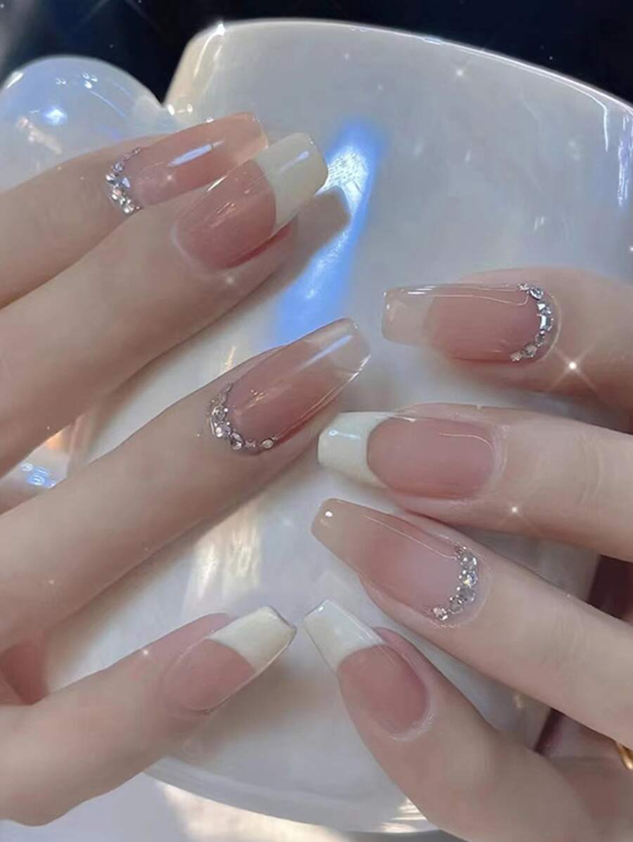 24pcs Long Coffin Nail Tips, Ballet Nail Tips, French Style Crescent ...