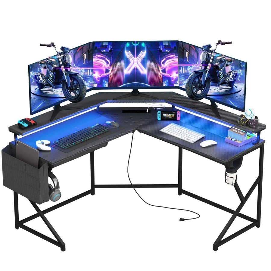 Gaming Desk with Led Lights & Power Outlets,L Shaped Computer Desk with ...