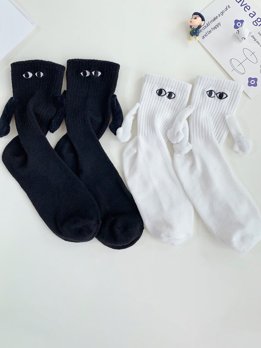 2pairs Cartoon Eye Embroidery Crew Socks | SHEIN USA