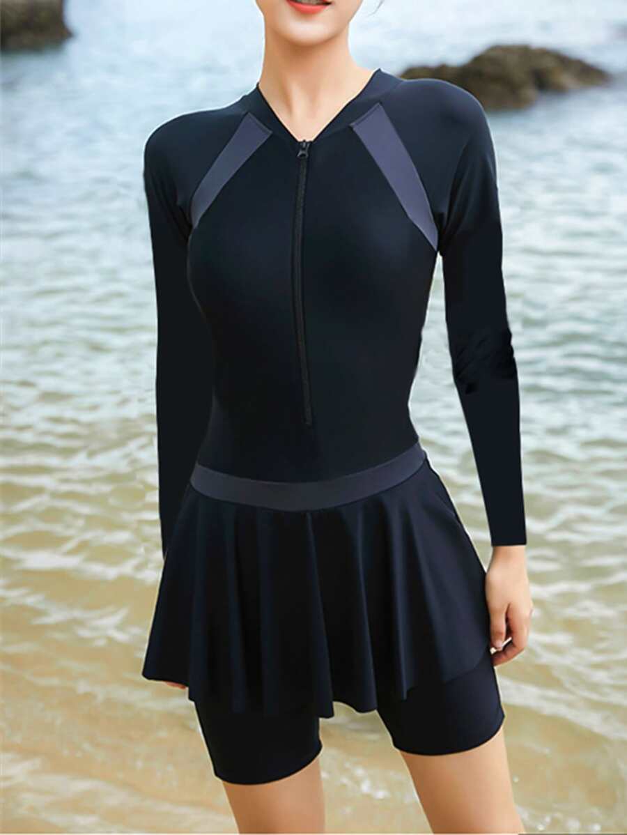Colorblock Zip Up Peplum One-piece Swimsuit | SHEIN USA