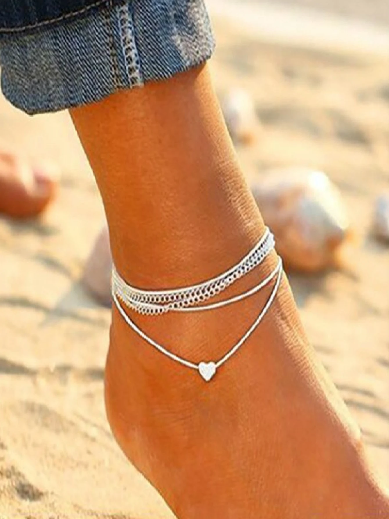 Beach Style Multilayer Heart Shaped Anklet For Women | SHEIN USA