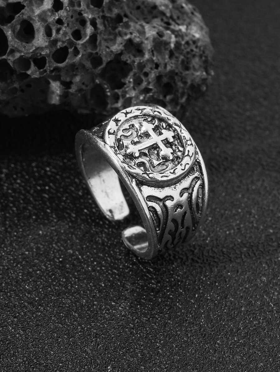 1pc Vintage-style Cross Design Metal Open Ring For Men, Gothic Punk ...