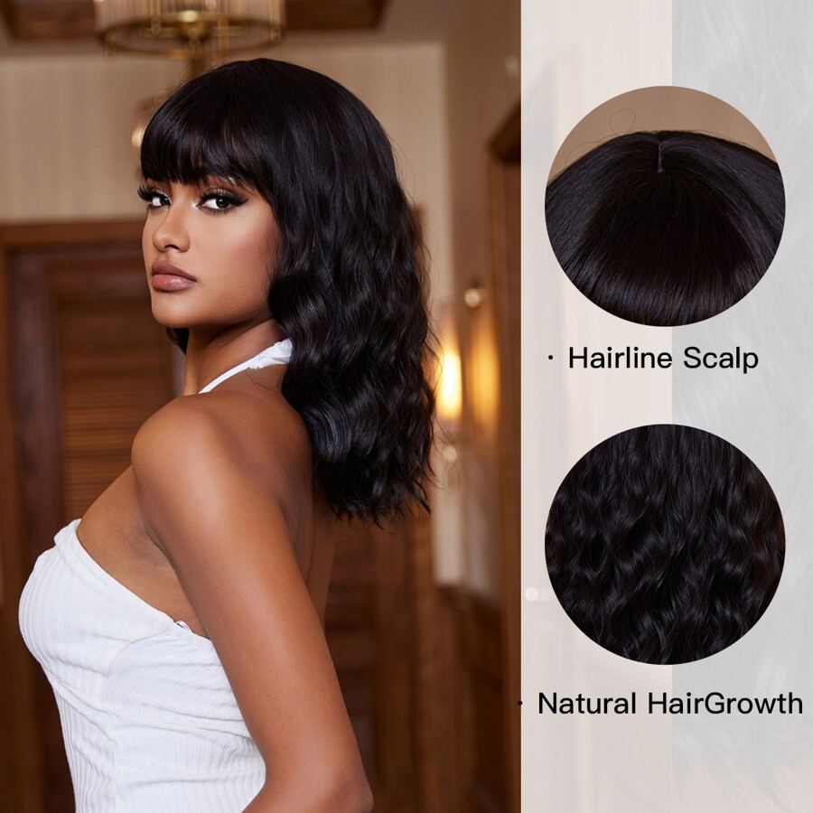 Synthetic Fiber Full Wig With Fringe & Big Wavy Curls, Daily Hairpiece ...