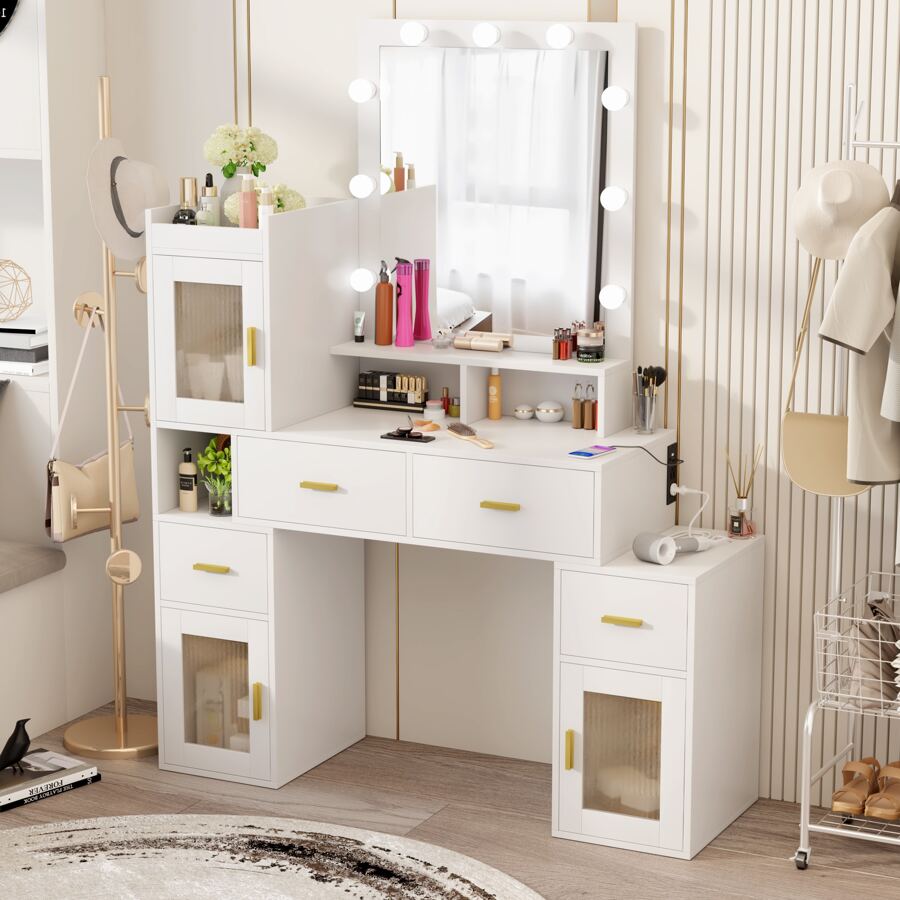 Large Vanity Desk with Mirror and Lights in 3 Colors, Makeup Vanity ...