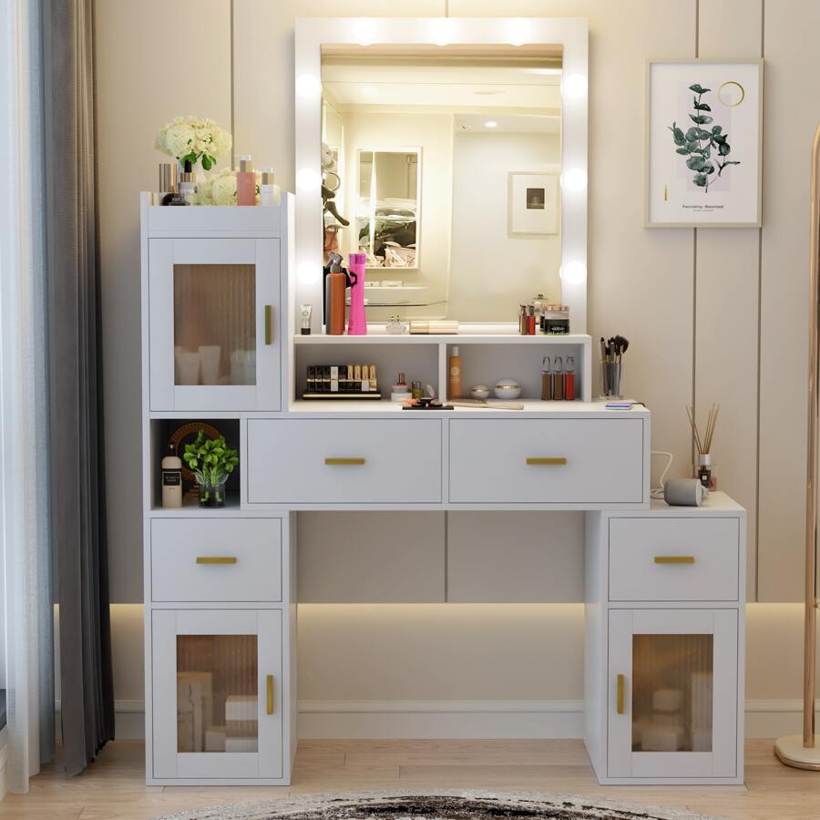 Large Vanity Desk with Mirror and Lights in 3 Colors, Makeup Vanity ...