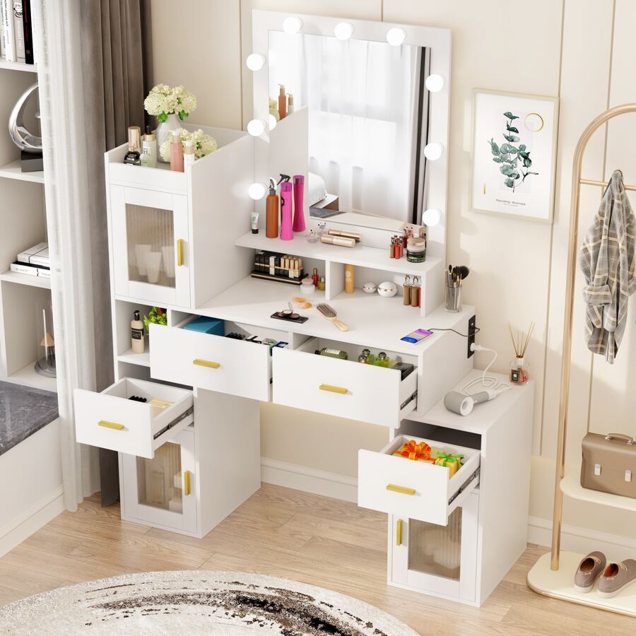 Large Vanity Desk with Mirror and Lights in 3 Colors, Makeup Vanity ...