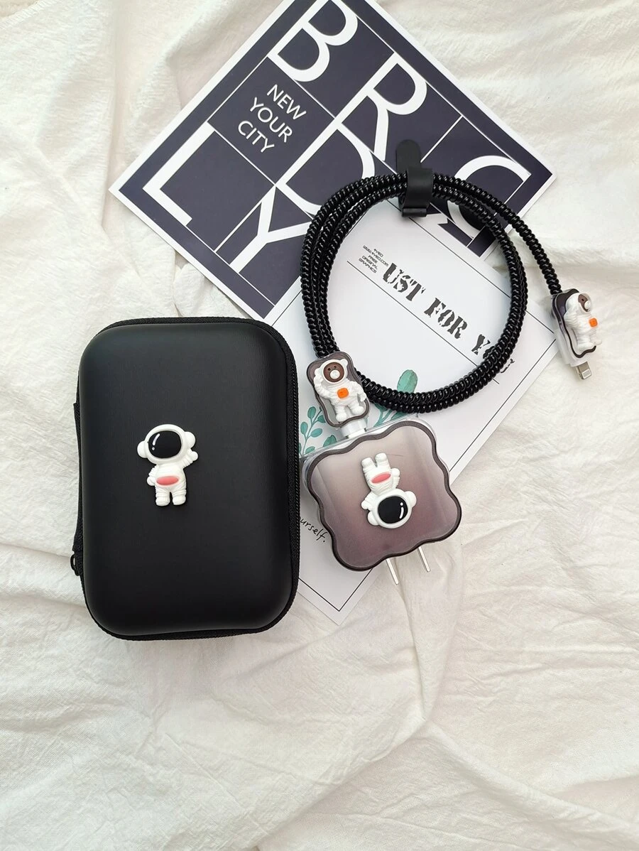 6pcs Astronaut Decor Charger Head Cover & Spiral Data Cable Protector ...